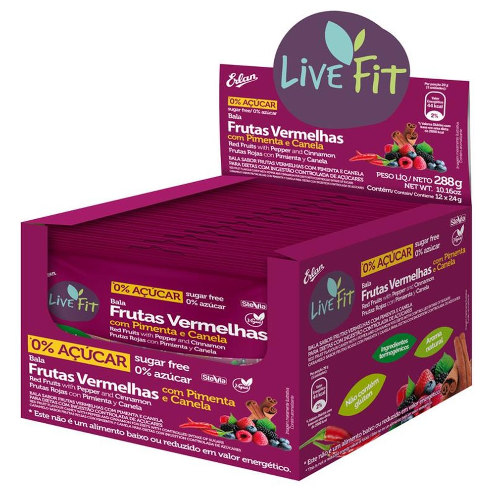 Bala LiveFit Zero Açúcar Frutas Vermelhas com Pimenta e Canela - Caixa ...