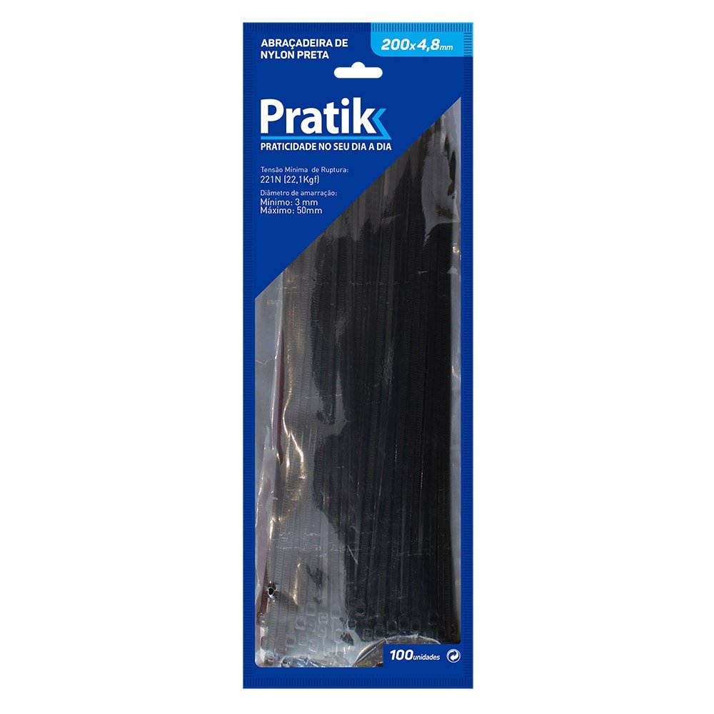 Abraçadeira Nylon Pratik 200x4,8mm Preto - Embalagem com 100 Unidades ...