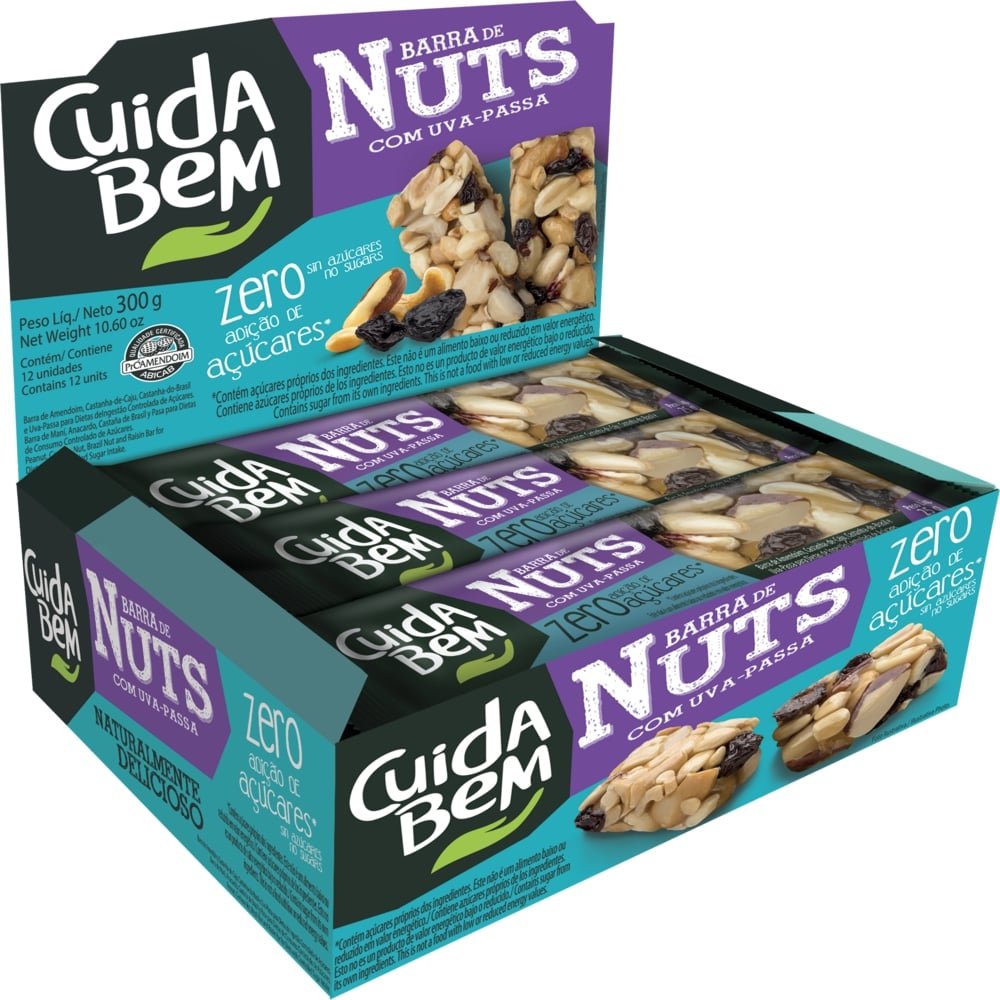 Barra De Nuts Com Uva passa Zero Açúcar Cuida Bem Caixa 300g Com 12 ...