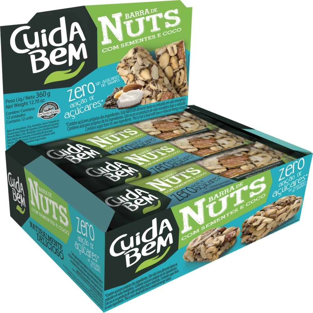 Barra De Nuts Com Sementes E Coco Zero Açúcar Cuida Bem Caixa 360g Com ...