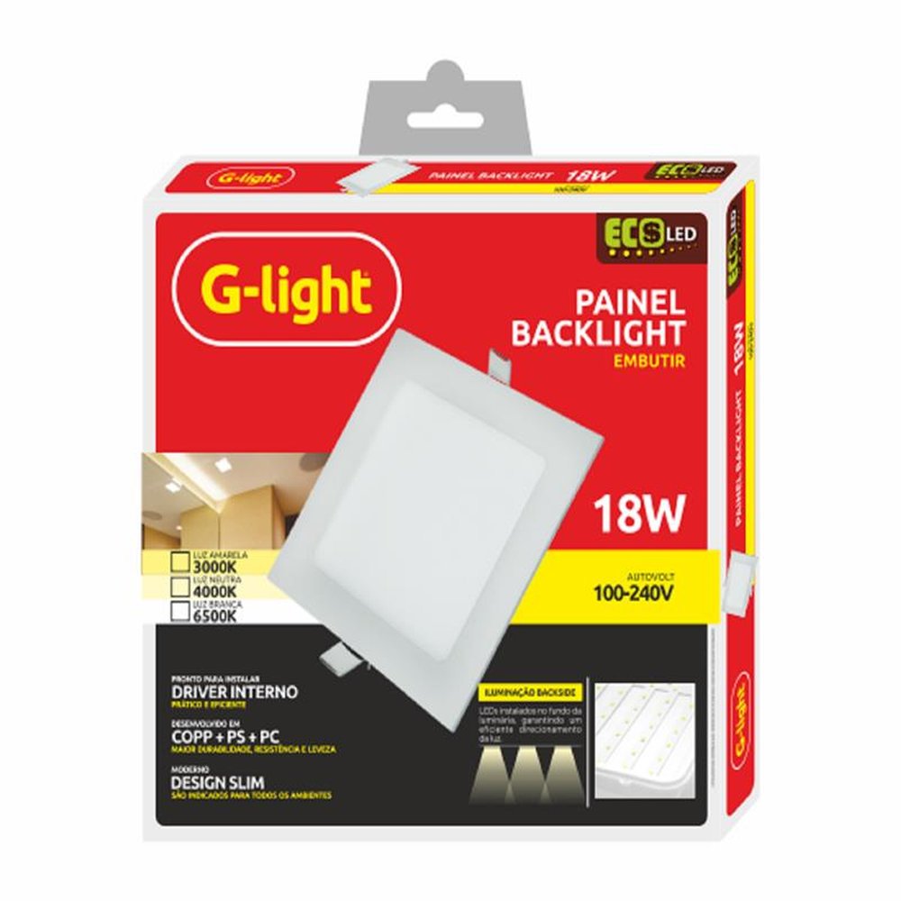 Painel Slim Backlight Ecoled G-Light Quadrado Embutir 18W 6500K Autovolt | Martins Atacado