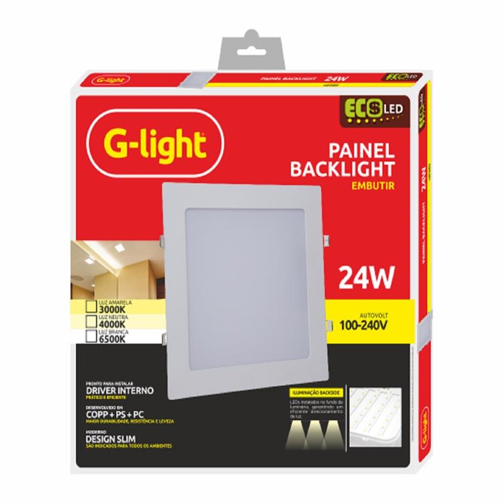 Painel Slim Backlight Ecoled G-Light Quadrado Embutir 24W 6500K Autovolt | Martins Atacado