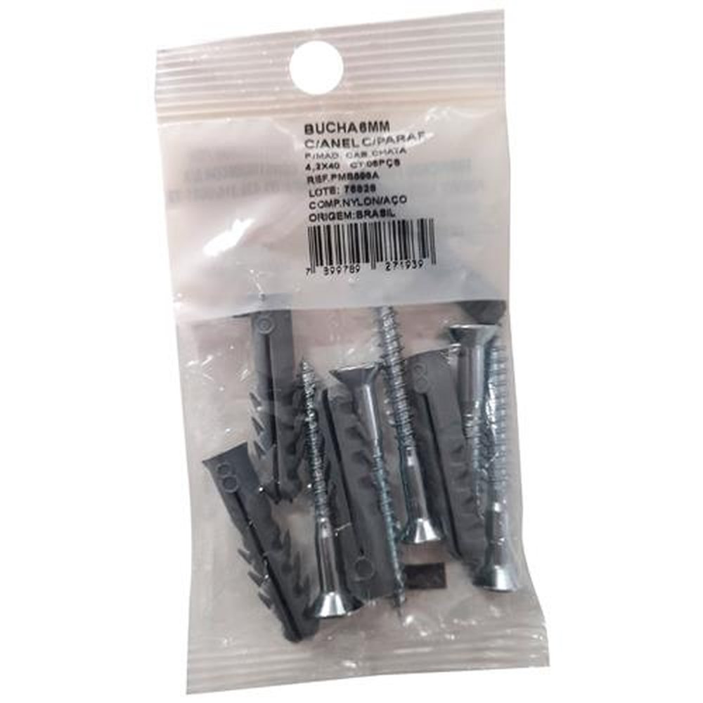 Bucha 6mm Nylon Com Anel e Parafuso Para Madeira Cabeça Chata 4,2X40 6 ...