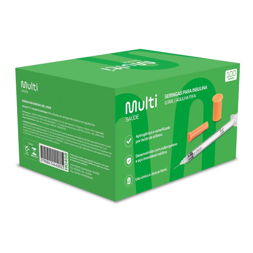 Seringa de Insulina 0,5 Com Agulha Caixa com 100 unidades Multi Saude ...