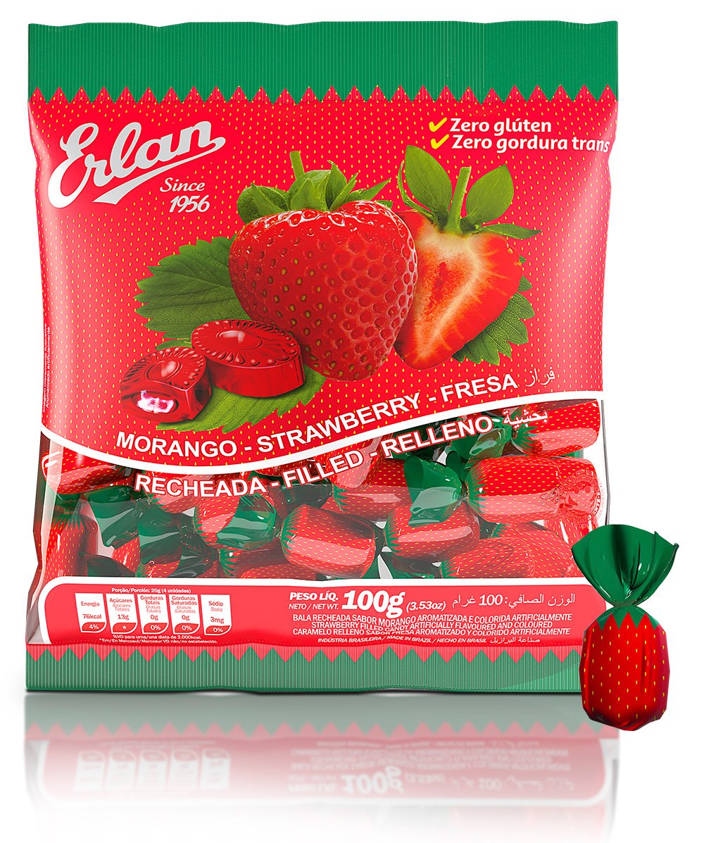 Bala Recheada Morango Cestinha Embalagem com 50 Unidades de 100g ...